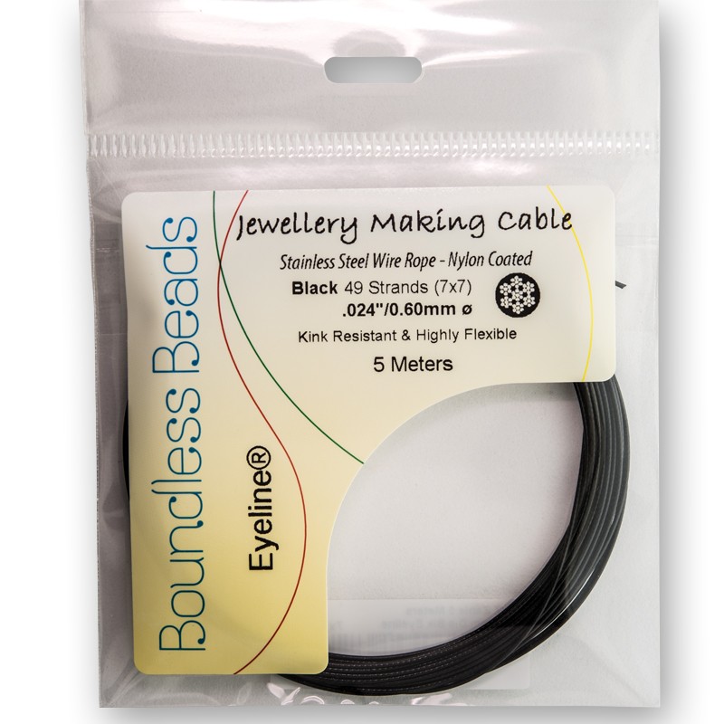 Black Beading Wire 7x7 Coated Cable 0.60mm/.024" Dia. • Boundless Beads